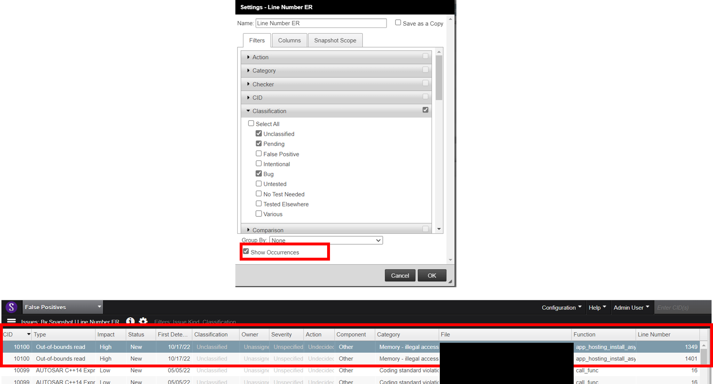 View all the line numbers corresponding to multiple defect occurrences ...
