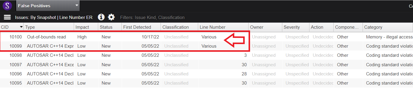 View all the line numbers corresponding to multiple defect occurrences ...