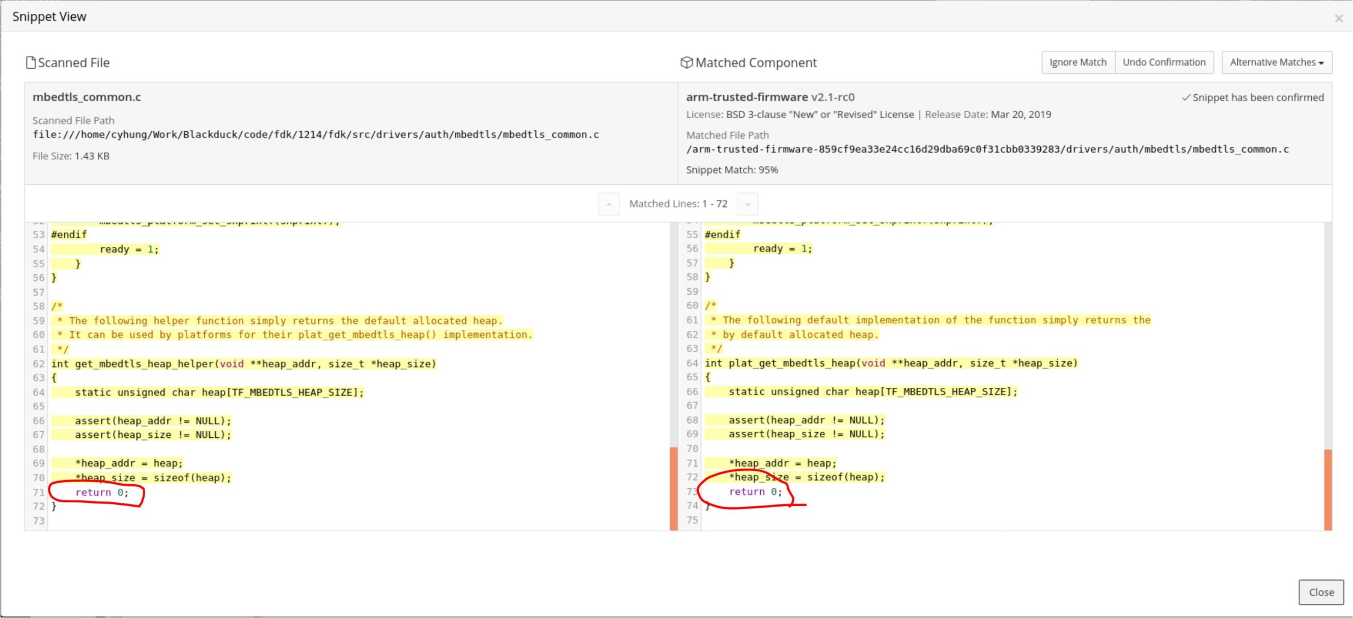 Side by Side source view is highlighted even source code is different