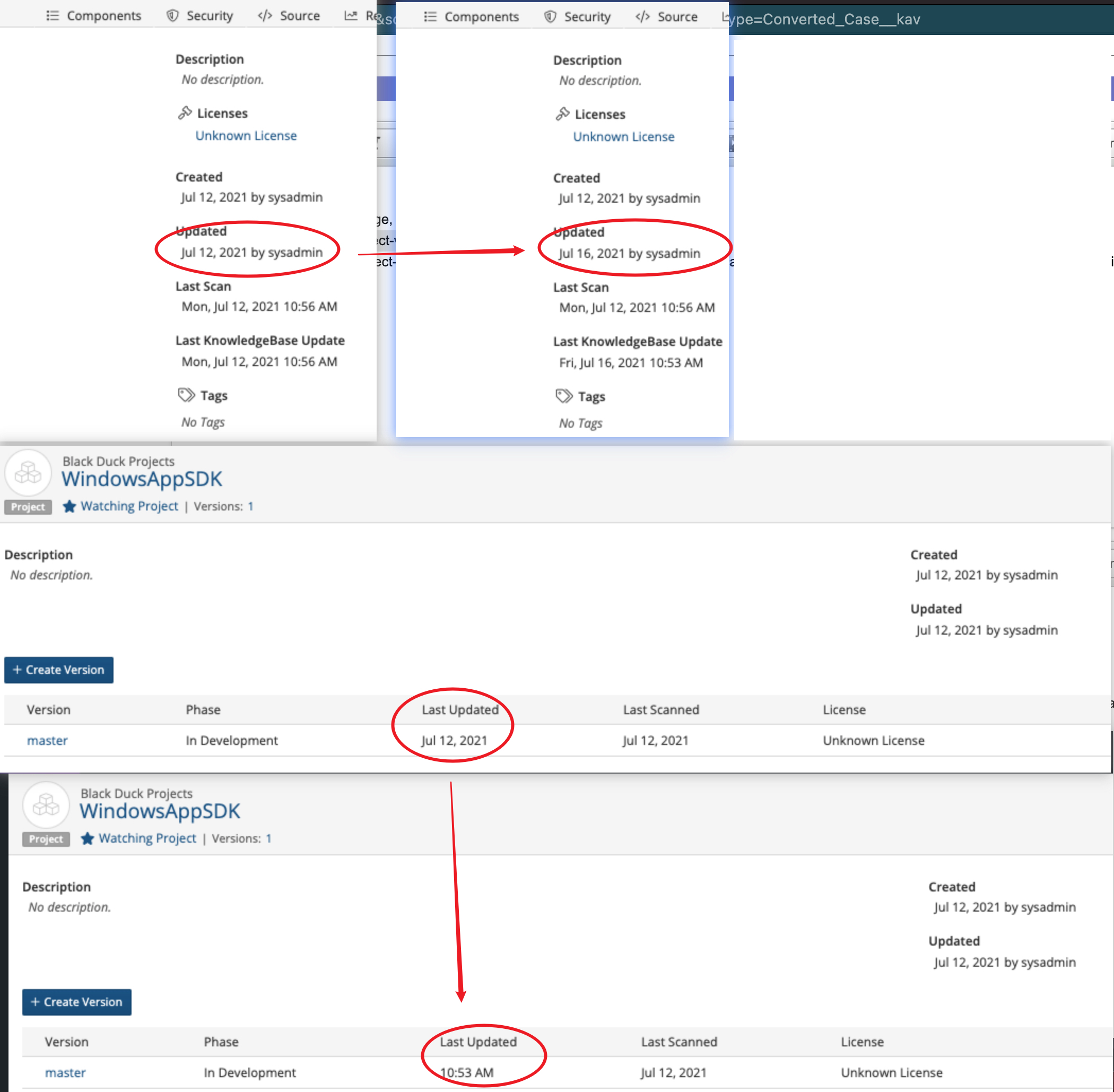 What are the differences from "Updated", "Last Knowledge Update", "Last ...