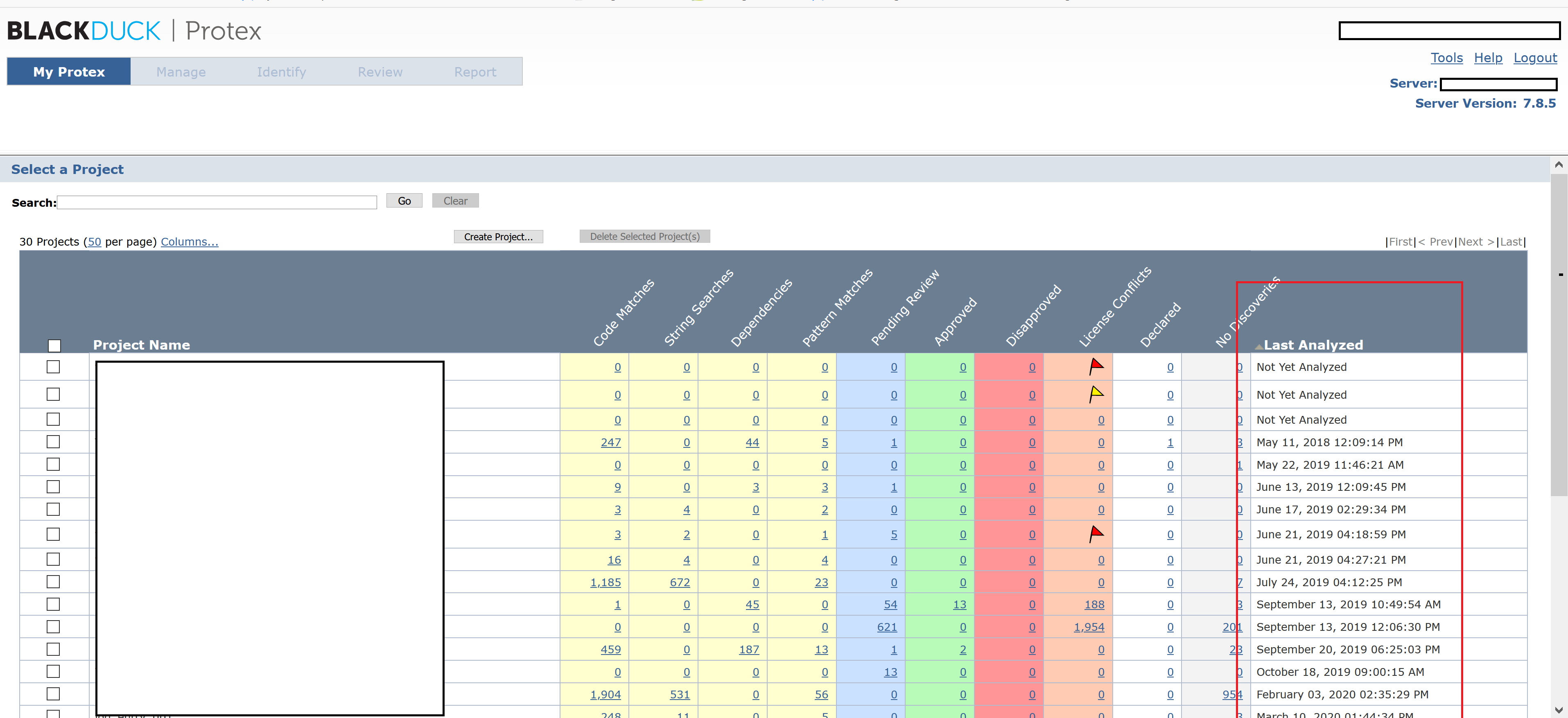 Which Black Duck projects in Protex were scanned more than year ago?