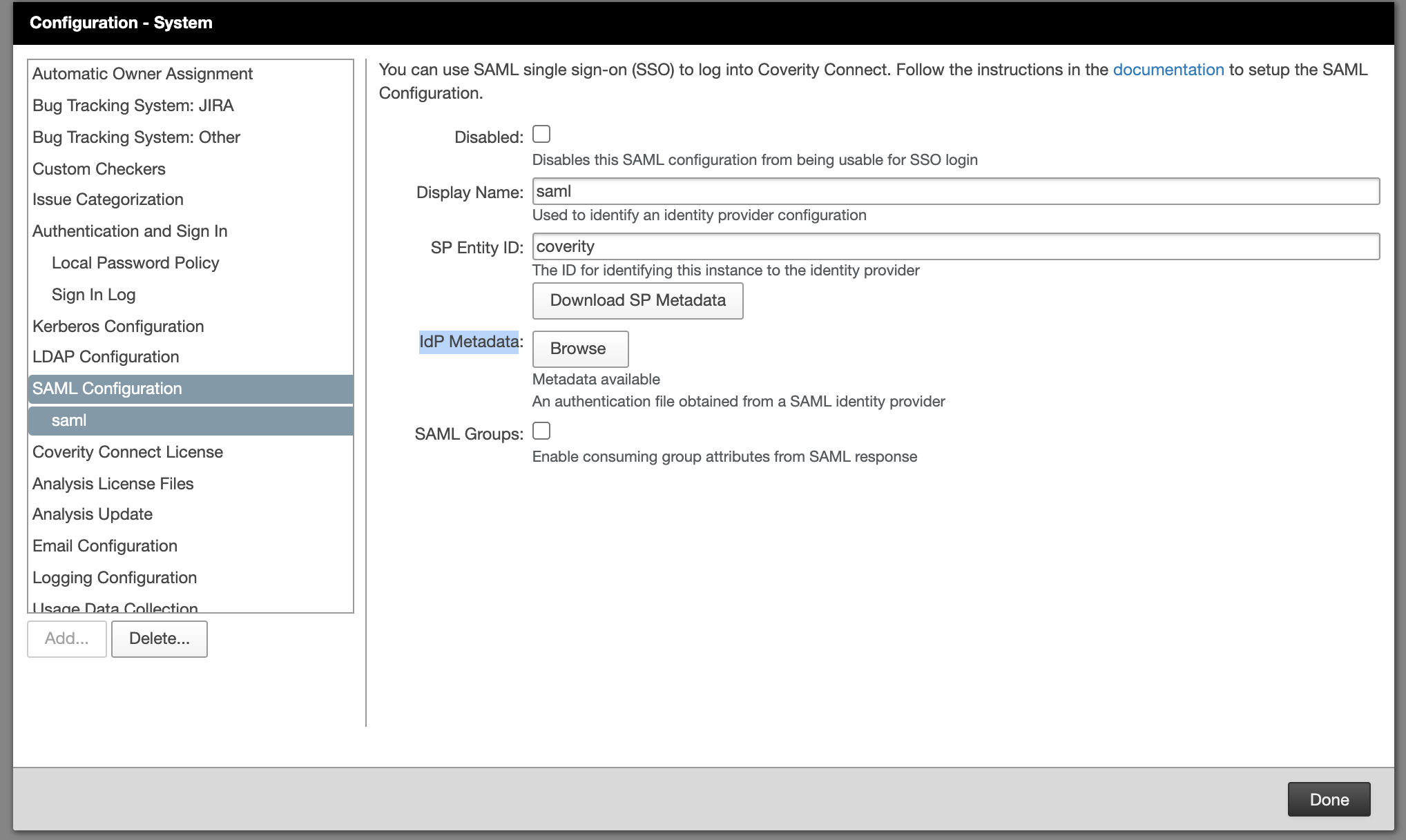 Configuring SAML in Coverity Connect 2021.12