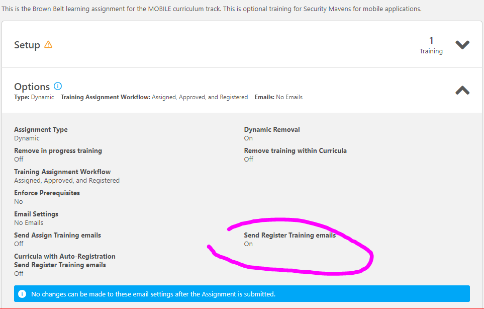 synopsys.csod - Learning Assignment Send Register Training Emails Set to On When Should Be Off