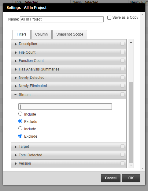 Issue with "Snapshots -> All Projects" view "Filters" (Coverity Connect ...