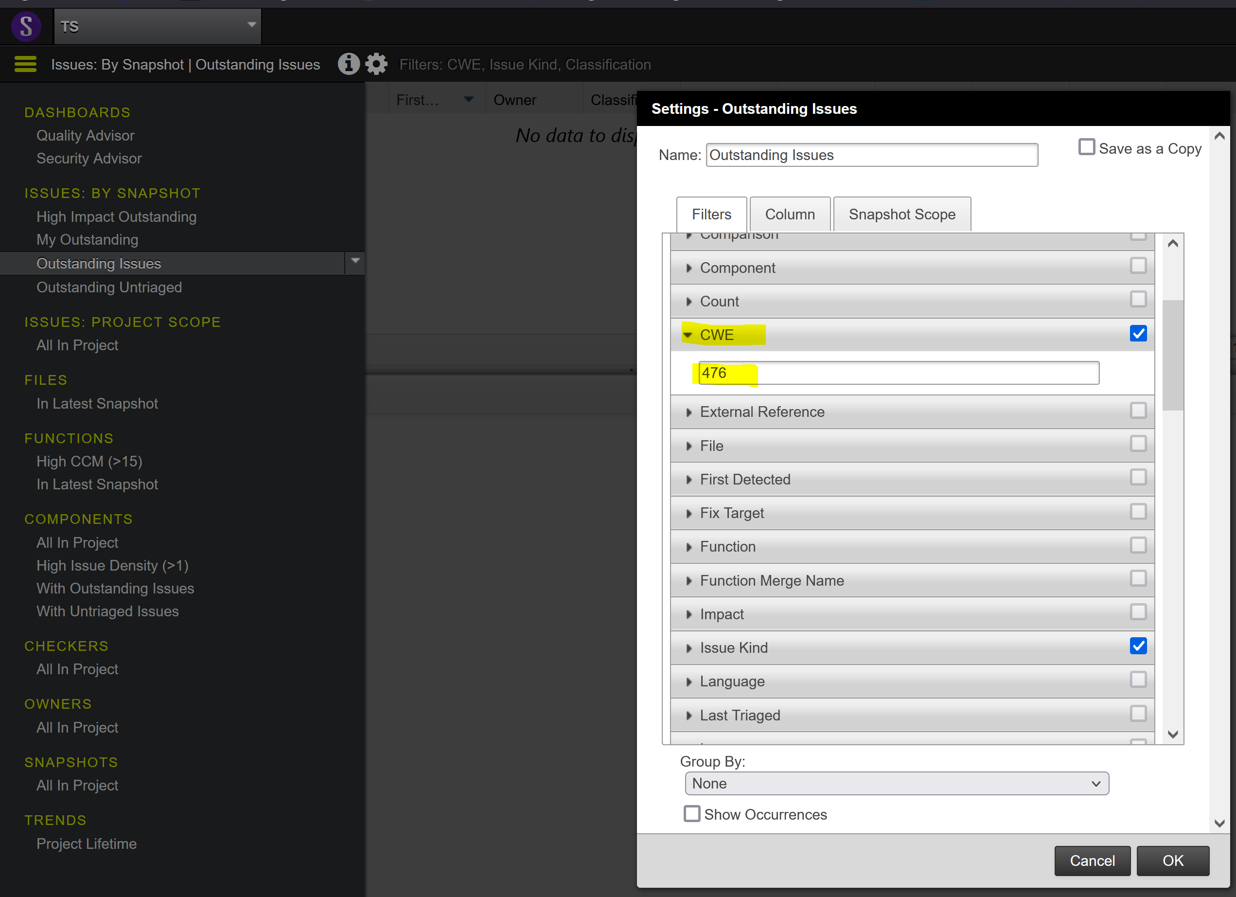 How to filter Coverity Analysis result based on CWE