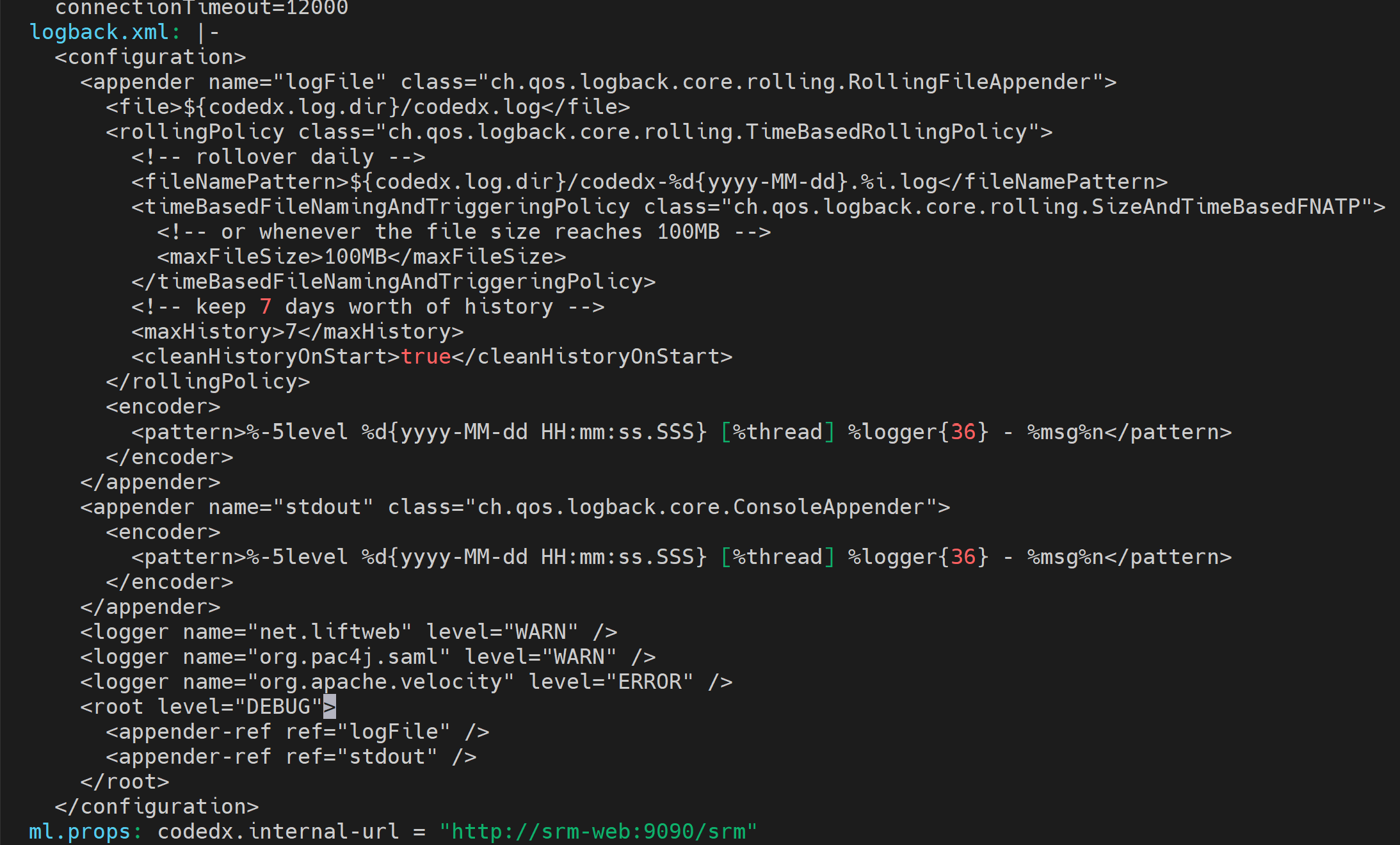 SRM integrated - How to update logback.xml and codedx.props while SRM service is running on k8s