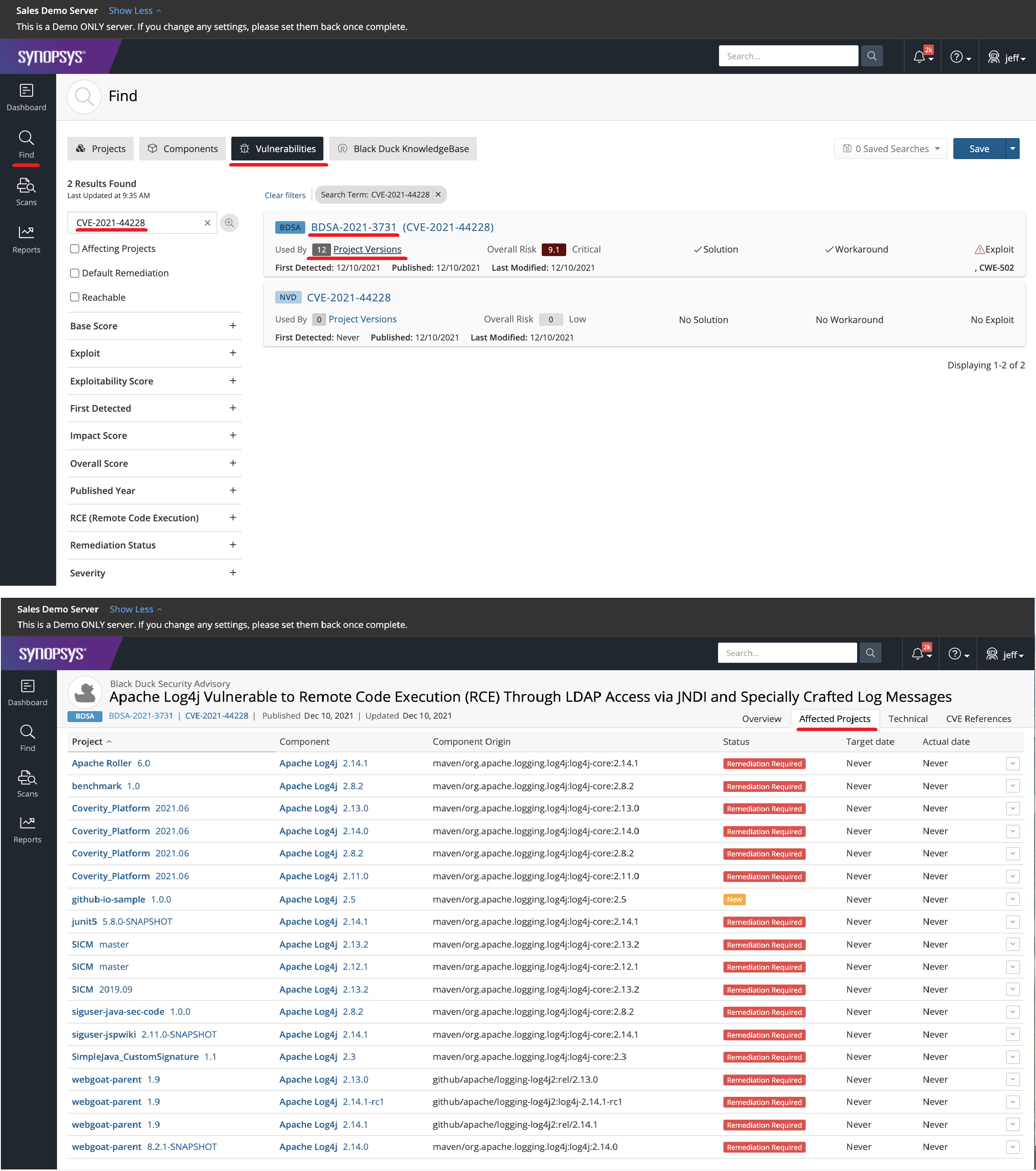 How to find all projects affected by an NVD CVE or Synopsys BDSA record