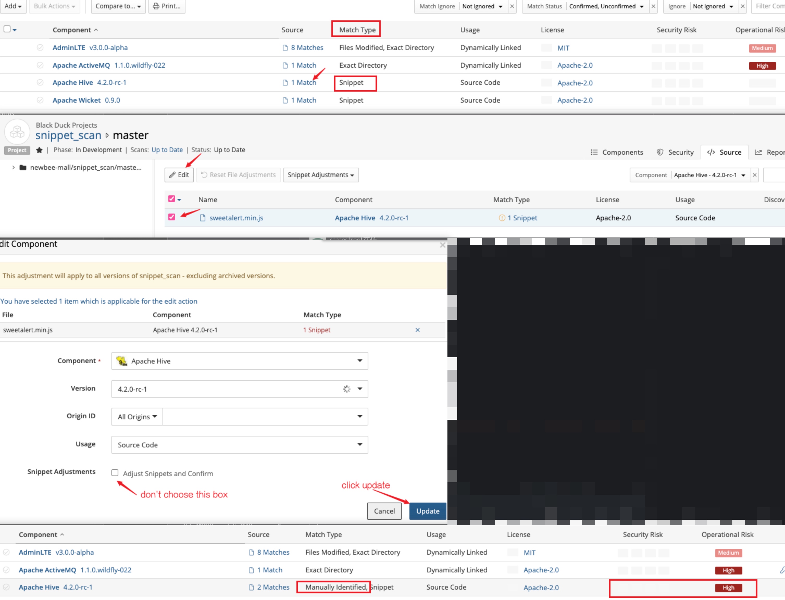 Vulnerability risk not show in project-version (BoM) page when match type is Snippet