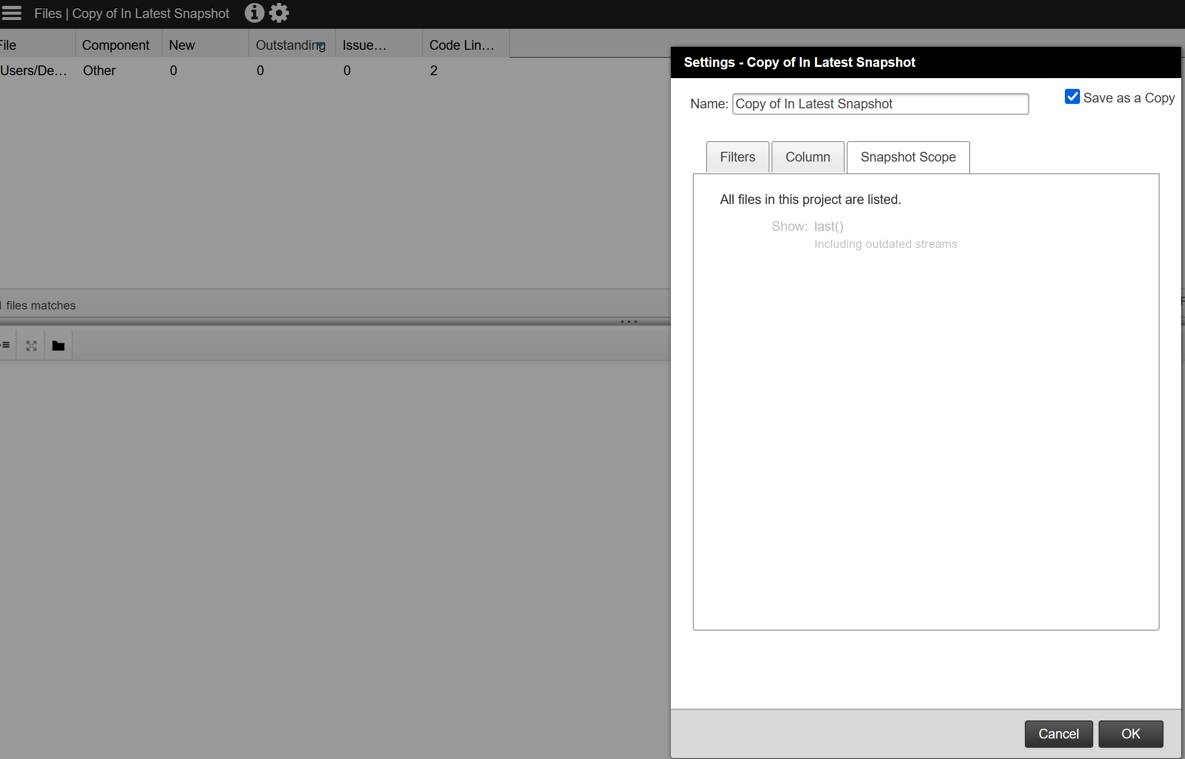 Snapshot Scope Modification in the FILES view Dashboard in Coverity Connect